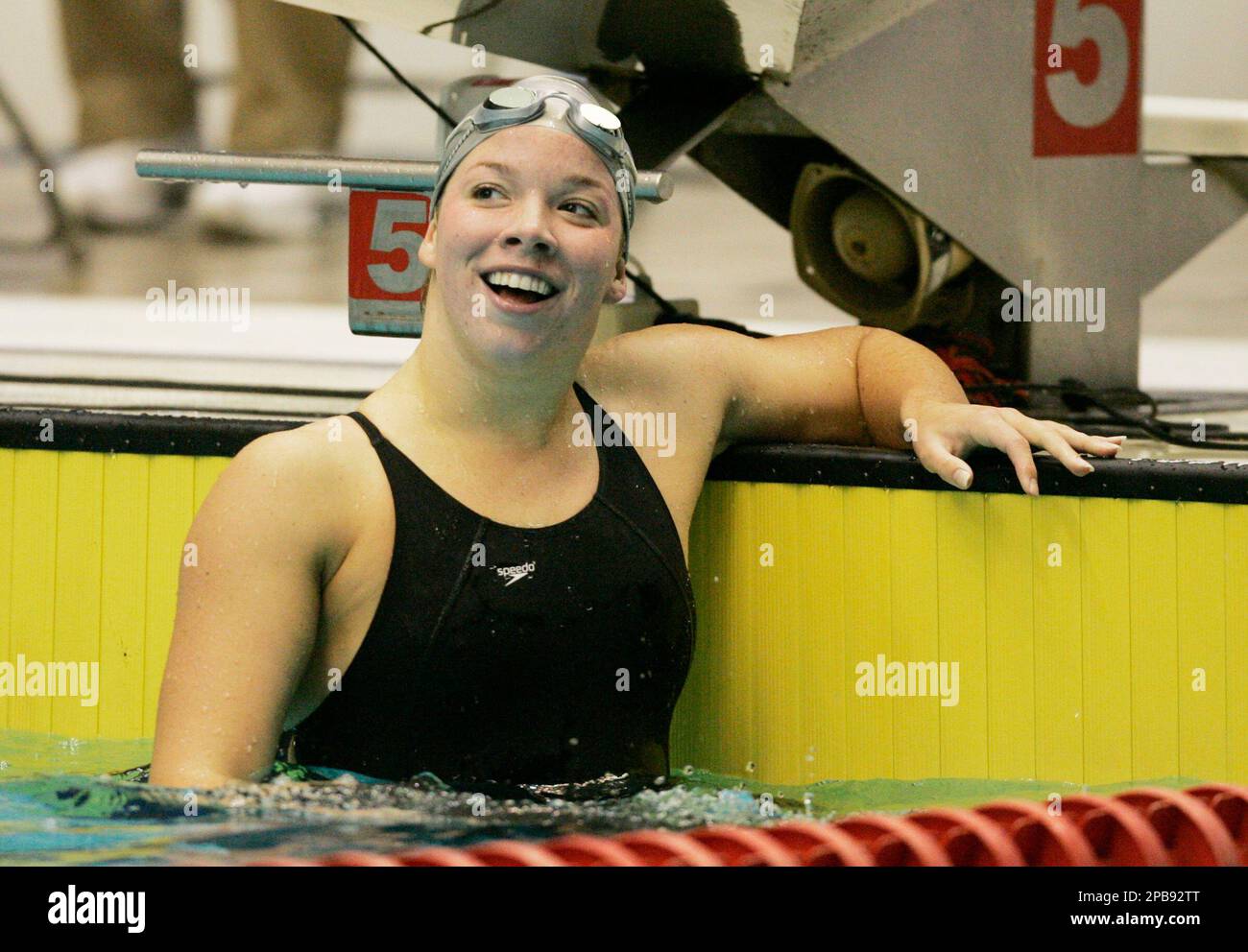 Swimmer Kate Ziegler smiles as she looks at her time in the women's 400 ...