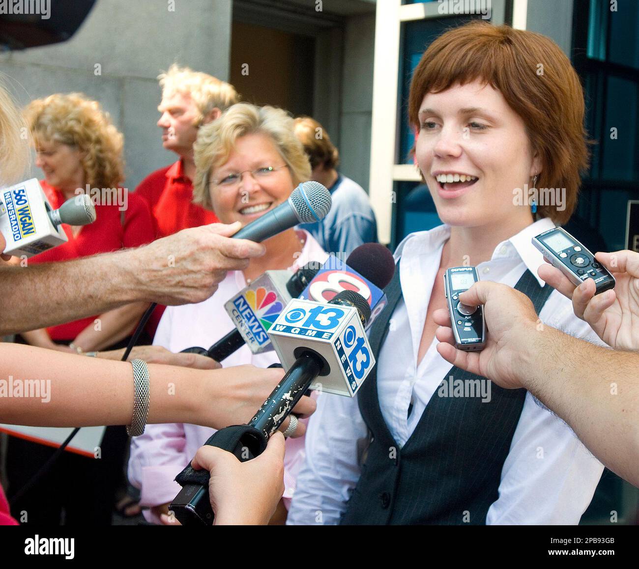 A happy Sarah Perry speaks to the media on Thursday, Aug. 2, 2207, in ...