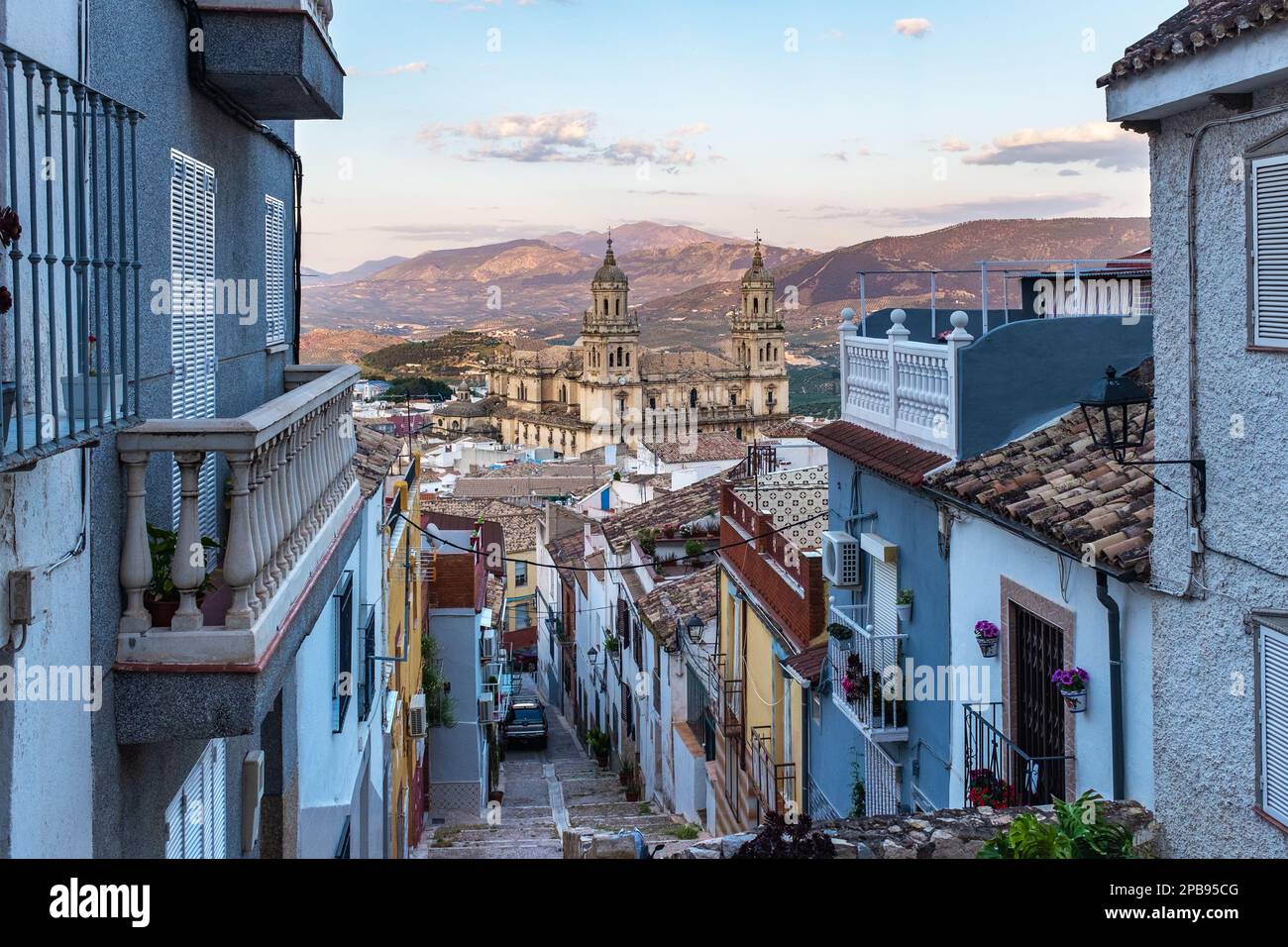 Cityscape of the Andalusian city of Jaen at dusk, with the cathedral to ...