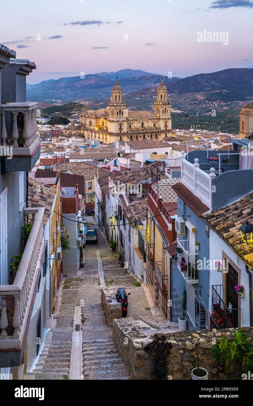 Cityscape of the Andalusian city of Jaen at dusk, with the cathedral to ...