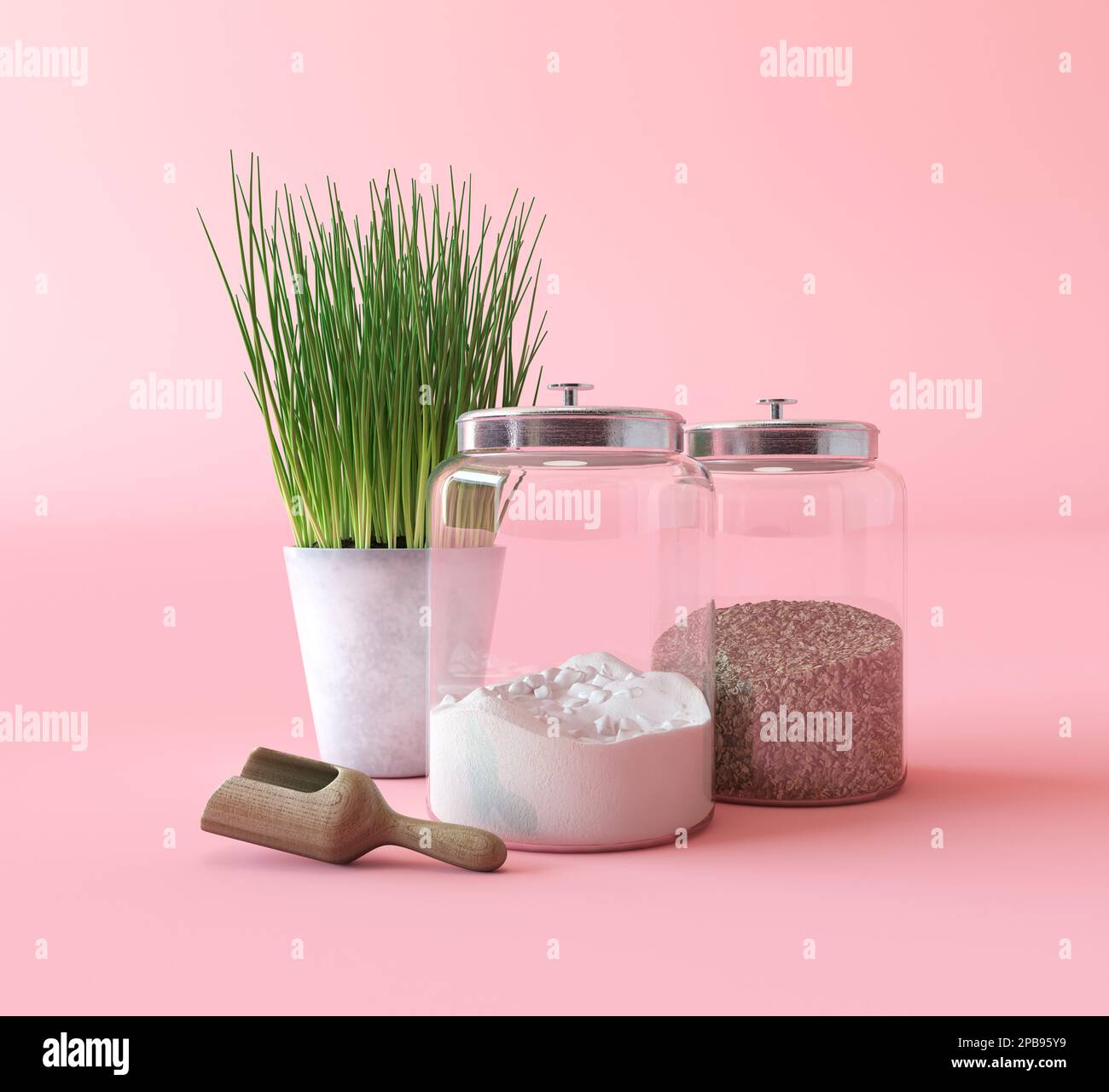 Rock salt and dry herbs in large glass jars. A wooden spatula for ...