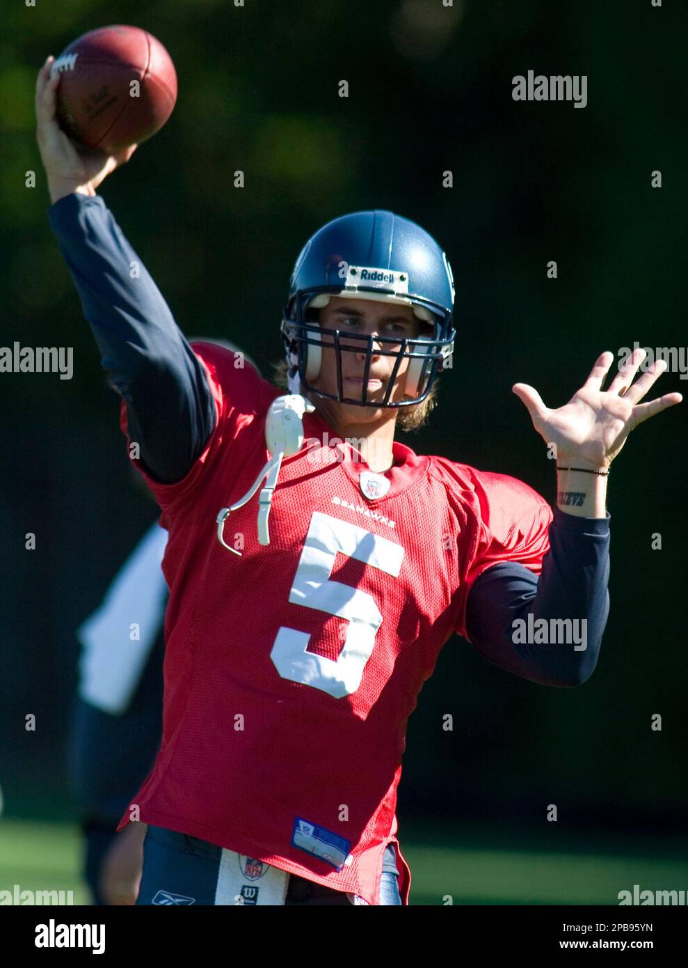 Seattle Seahawks quarterback Derek Devine warms up during the NFL ...
