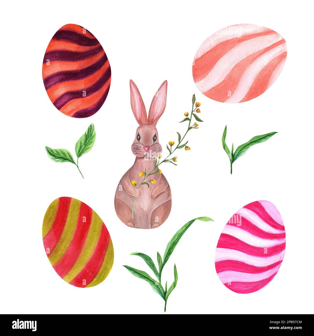 Set of watercolor easter hare, eggs and leaves isolated on a white ...