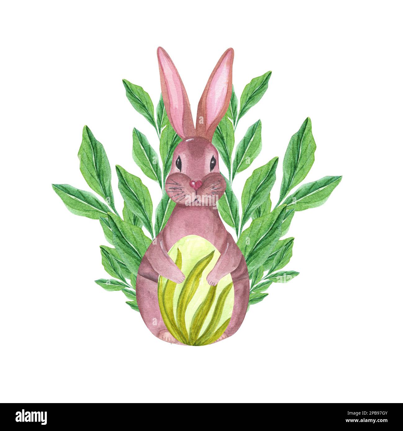 Set of watercolor easter hare, egg and leaves isolated on a white ...