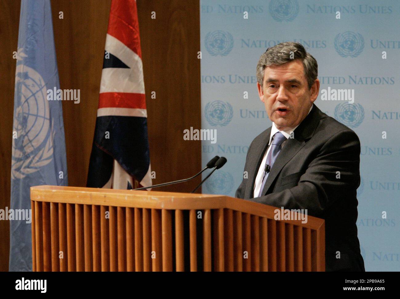 British Prime Minister Gordon Brown addresses a meeting in the Dag ...