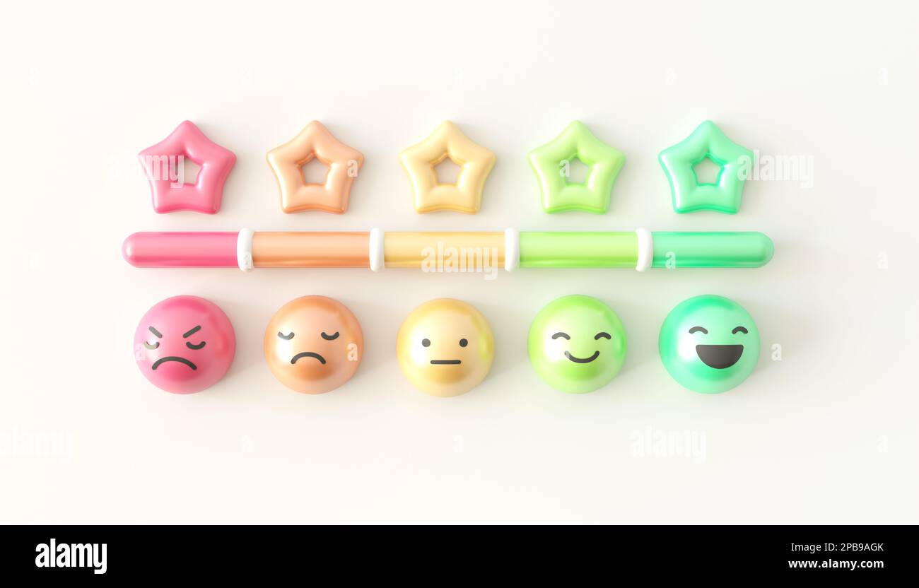 Customer review 3d icon, rating concept. Five stars, colored emoji ...