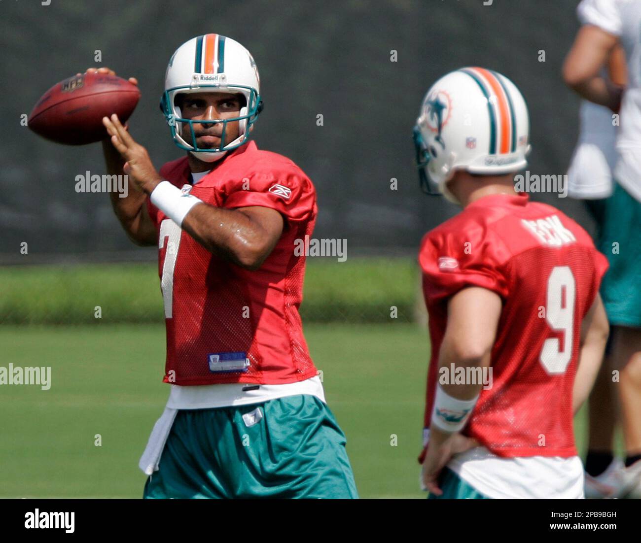 Miami Dolphins quarterback Gibran Hamdan, left, prepares to pass as ...