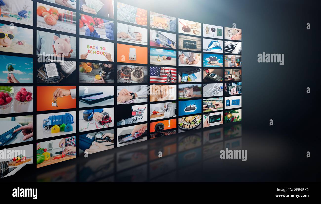 Television streaming, TV broadcast. Multimedia wall concept Stock Photo ...