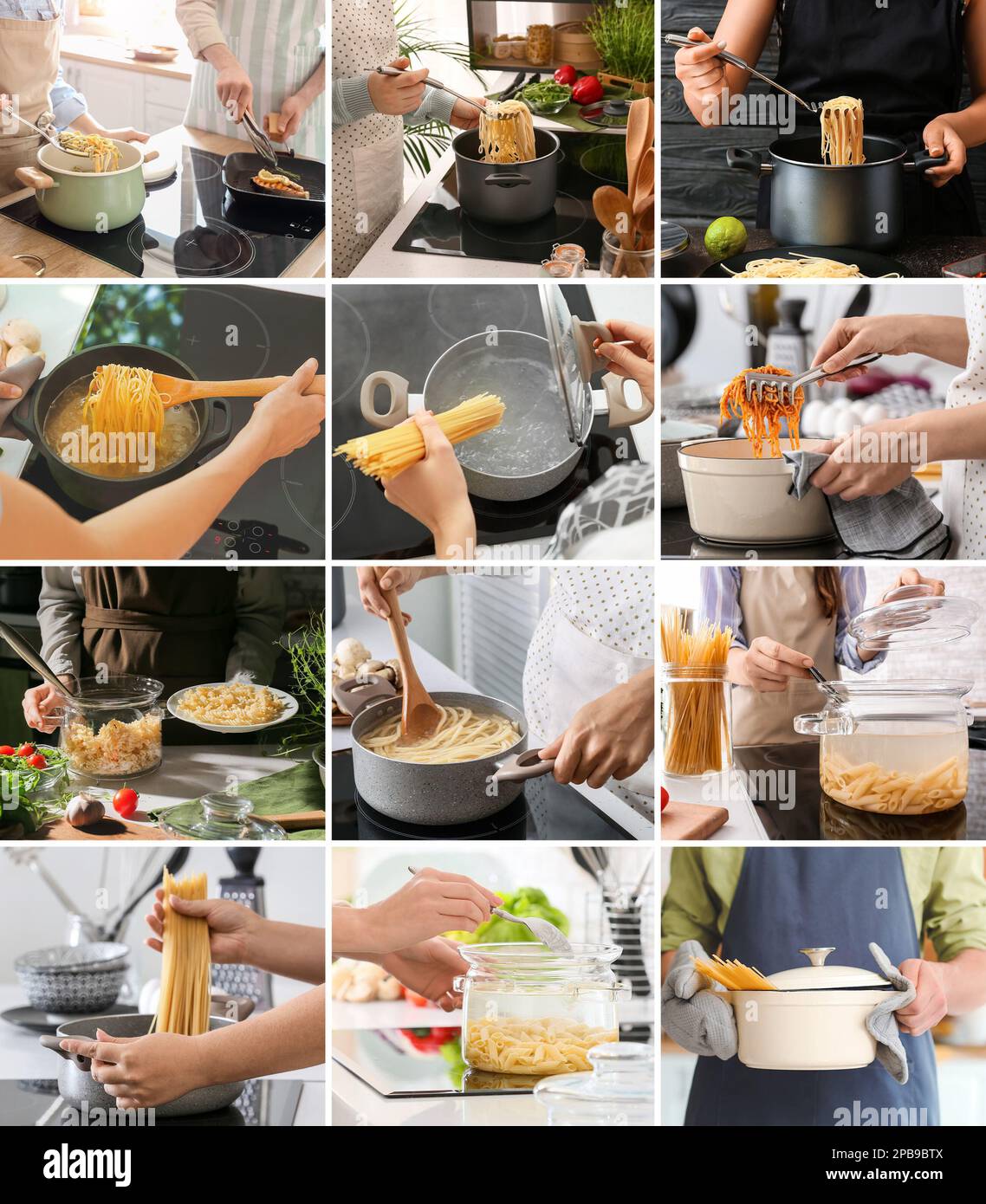 Collage of people cooking tasty pasta in pots at home Stock Photo - Alamy