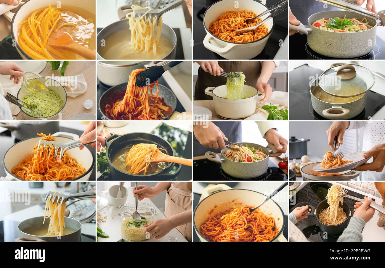 Collage of cooking of tasty pasta in pots Stock Photo - Alamy