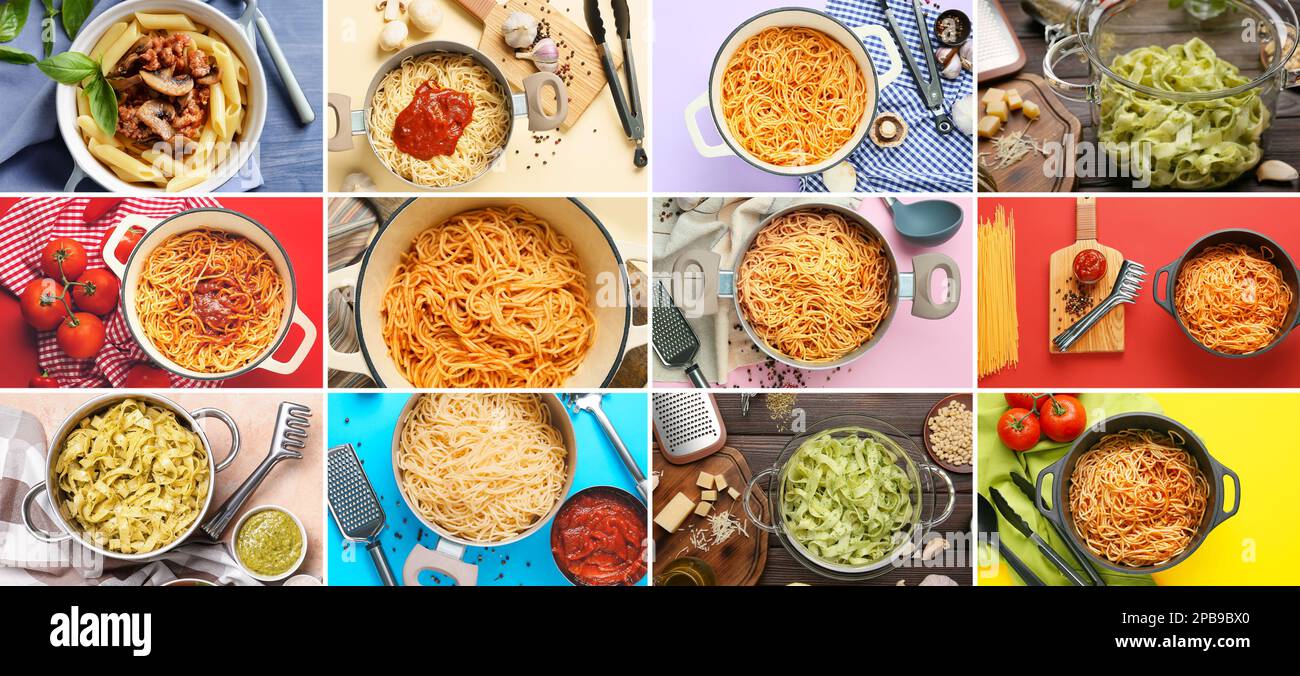 Collage of cooking pots with tasty boiled pasta Stock Photo - Alamy