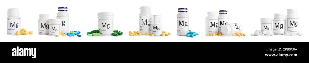 Set of bottles with magnesium pills on white background Stock Photo - Alamy