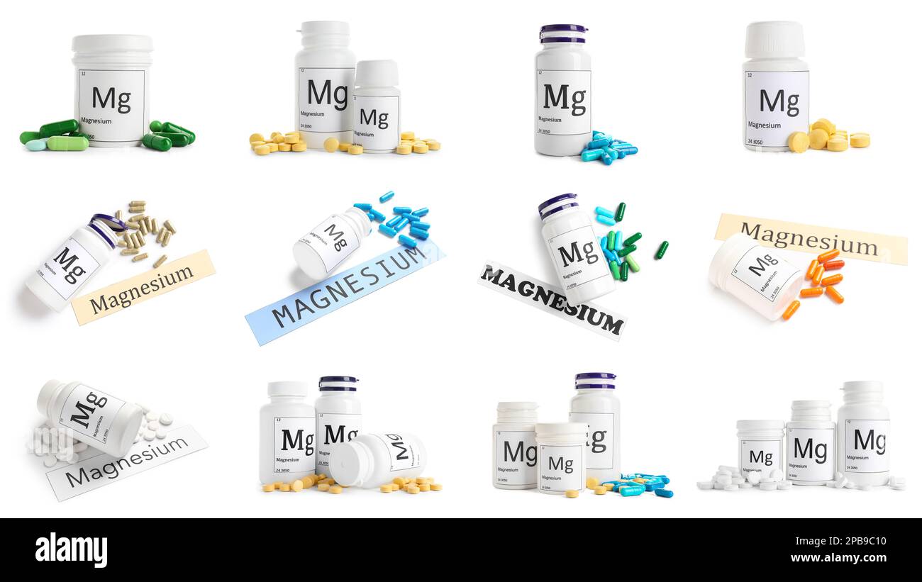 Set of bottles with magnesium pills on white background Stock Photo - Alamy