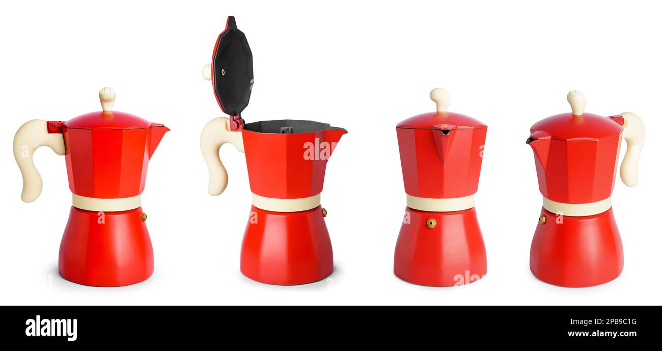 Collage of red geyser coffee maker on white background Stock Photo - Alamy
