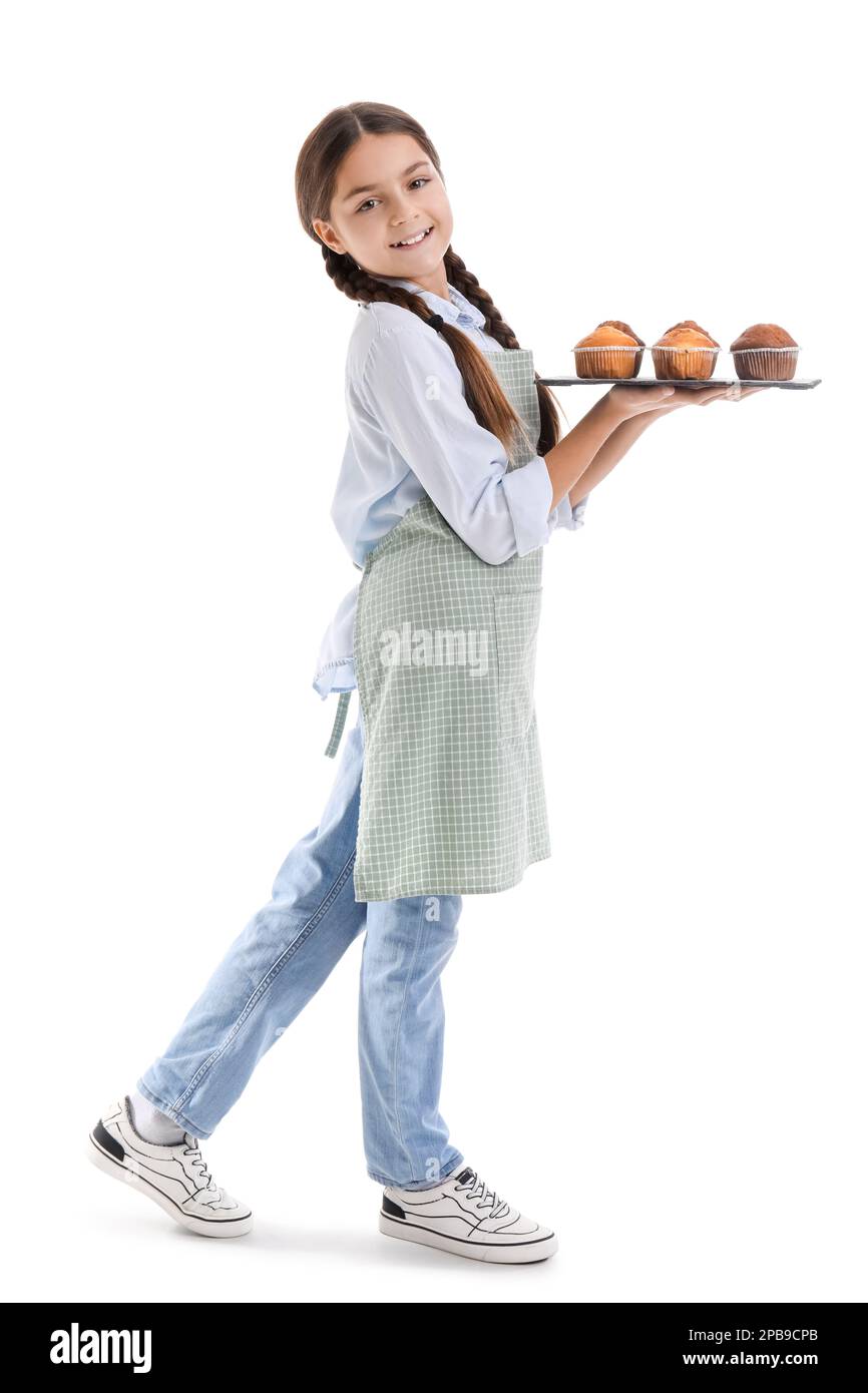 Little baker with board of tasty cupcakes on white background Stock ...