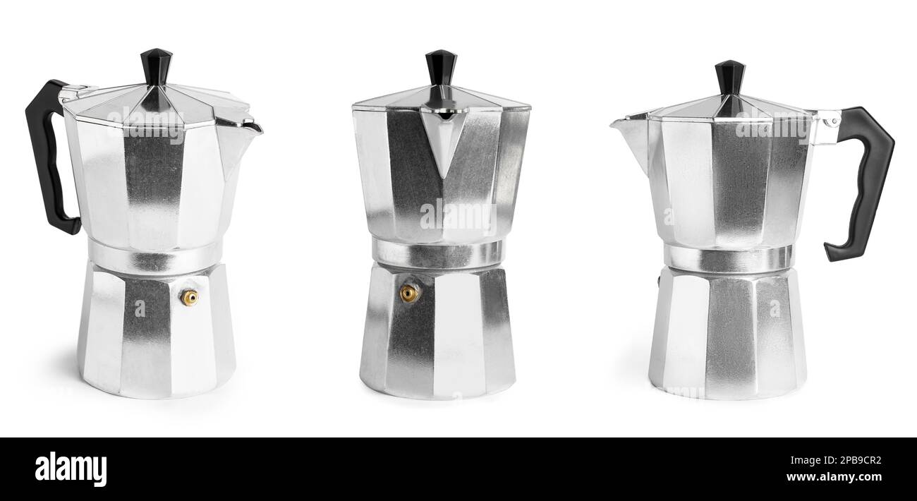 Collage of geyser coffee maker on white background Stock Photo - Alamy