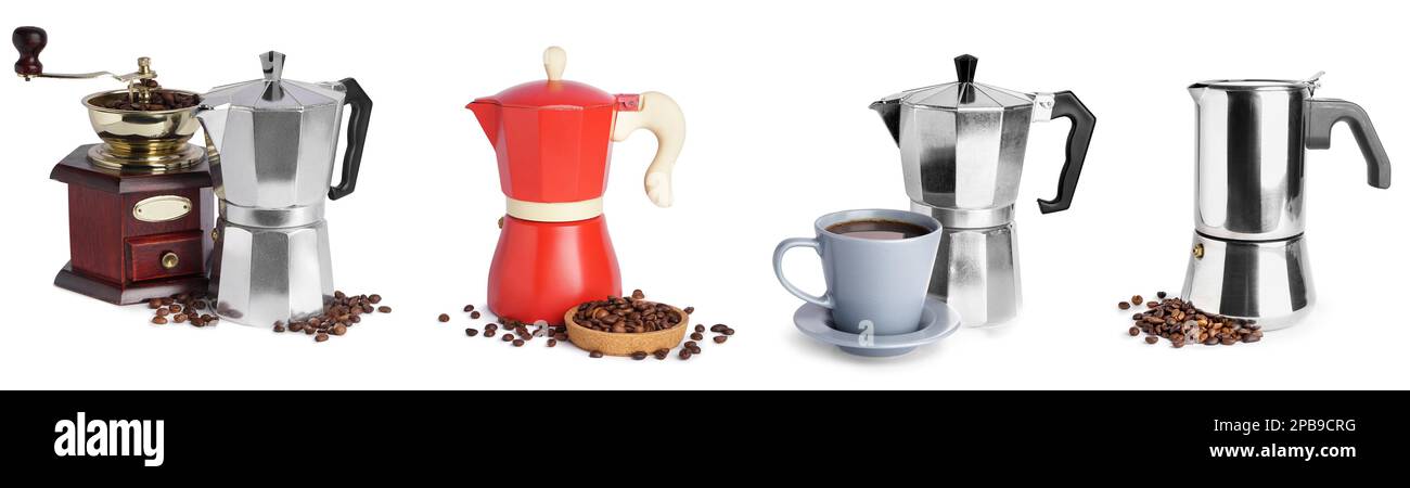 Collage of geyser coffee makers on white background Stock Photo - Alamy