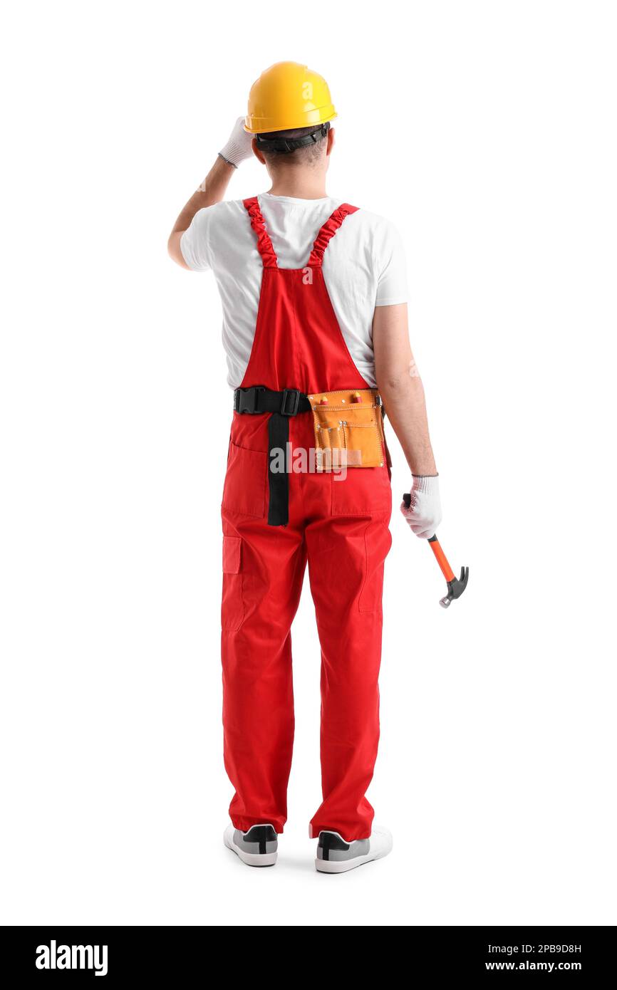 Young carpenter with hammer on white background, back view Stock Photo ...