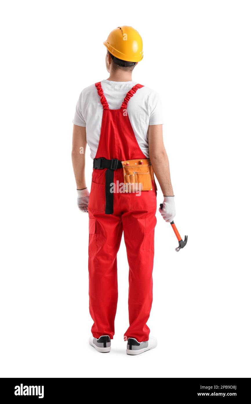 Young carpenter with hammer on white background, back view Stock Photo ...