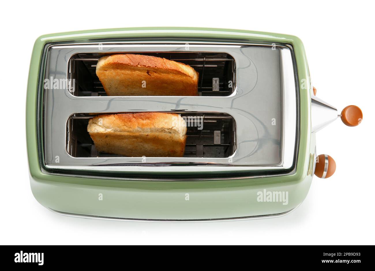 Modern toaster with crispy bread slices isolated on white background ...