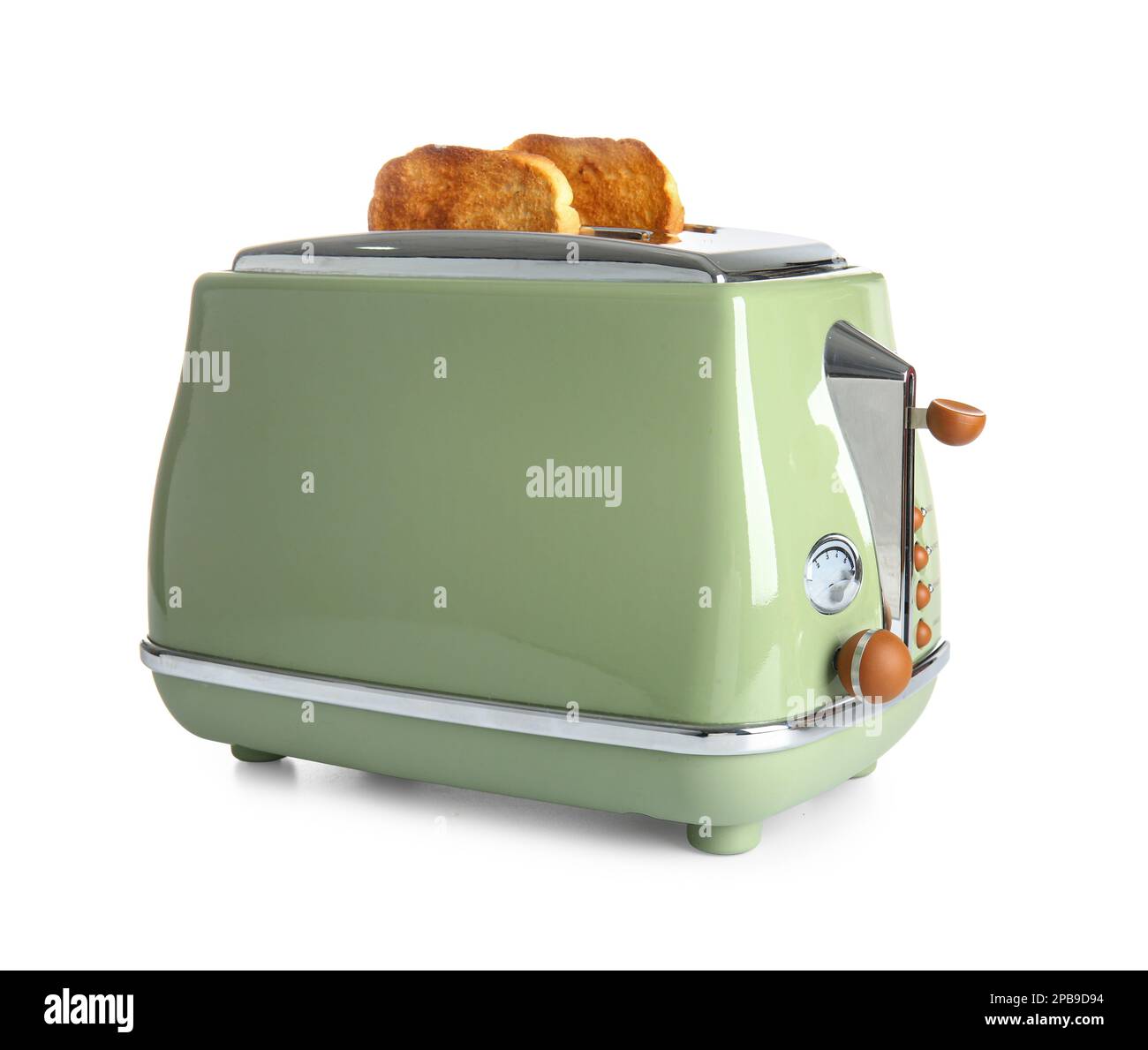 Modern toaster with crispy bread slices isolated on white background ...