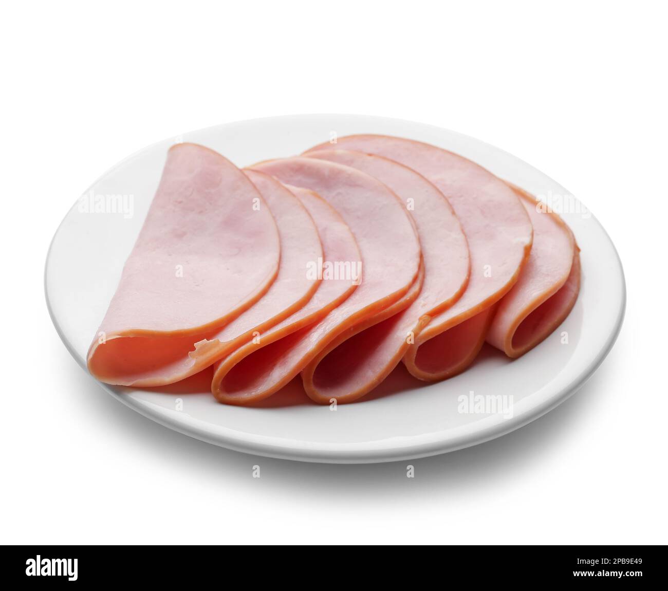 Plate with delicious ham slices isolated on white background Stock ...