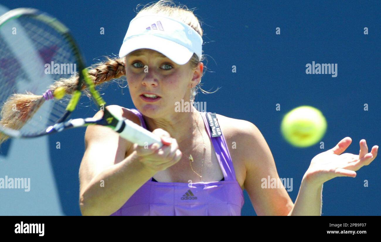 Anna Chakvetadze, of Russia, hits a forehand against Sania Mirza, of ...