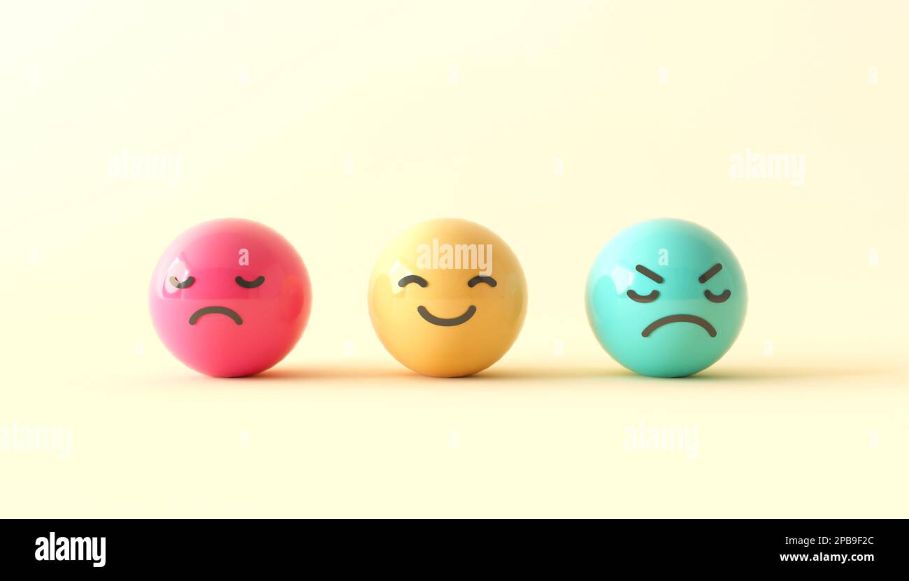 Customer experience. Emoji emoticon 3d set. Happy smile face, sad mood ...