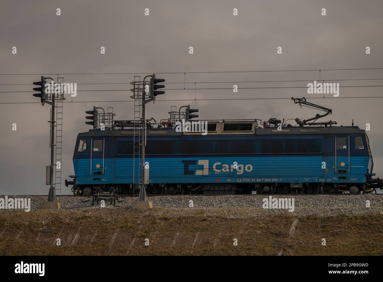 Fast cargo train on new railway line from Prague to Tabor in Myslkovice ...