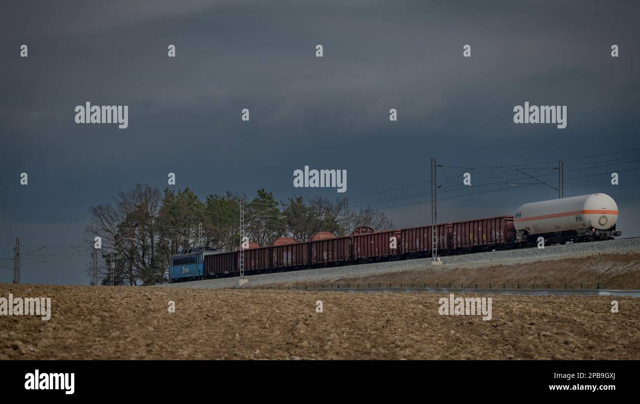 Fast cargo train on new railway line from Prague to Tabor in Myslkovice ...