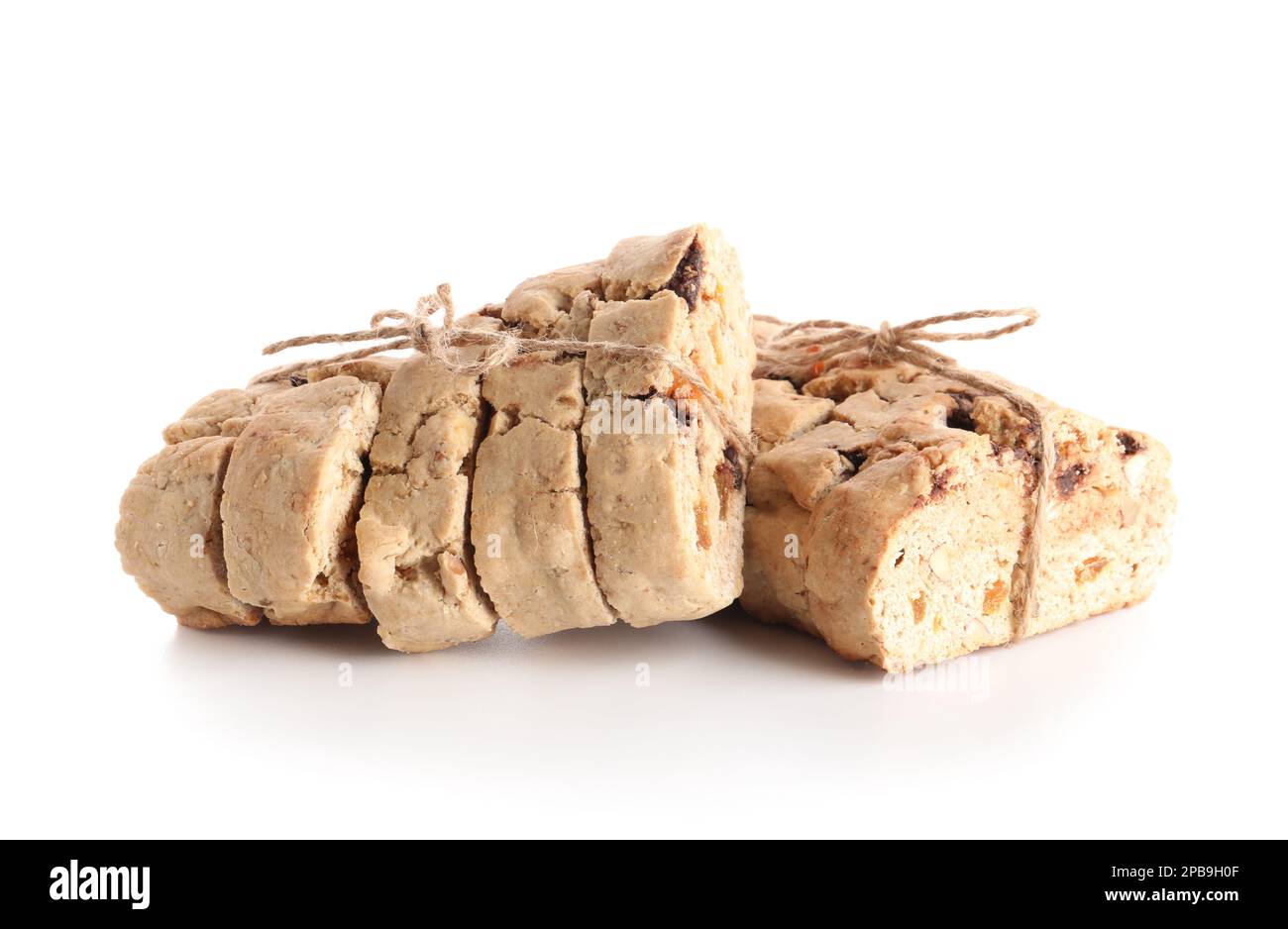 Delicious biscotti cookies tied with thread isolated on white ...