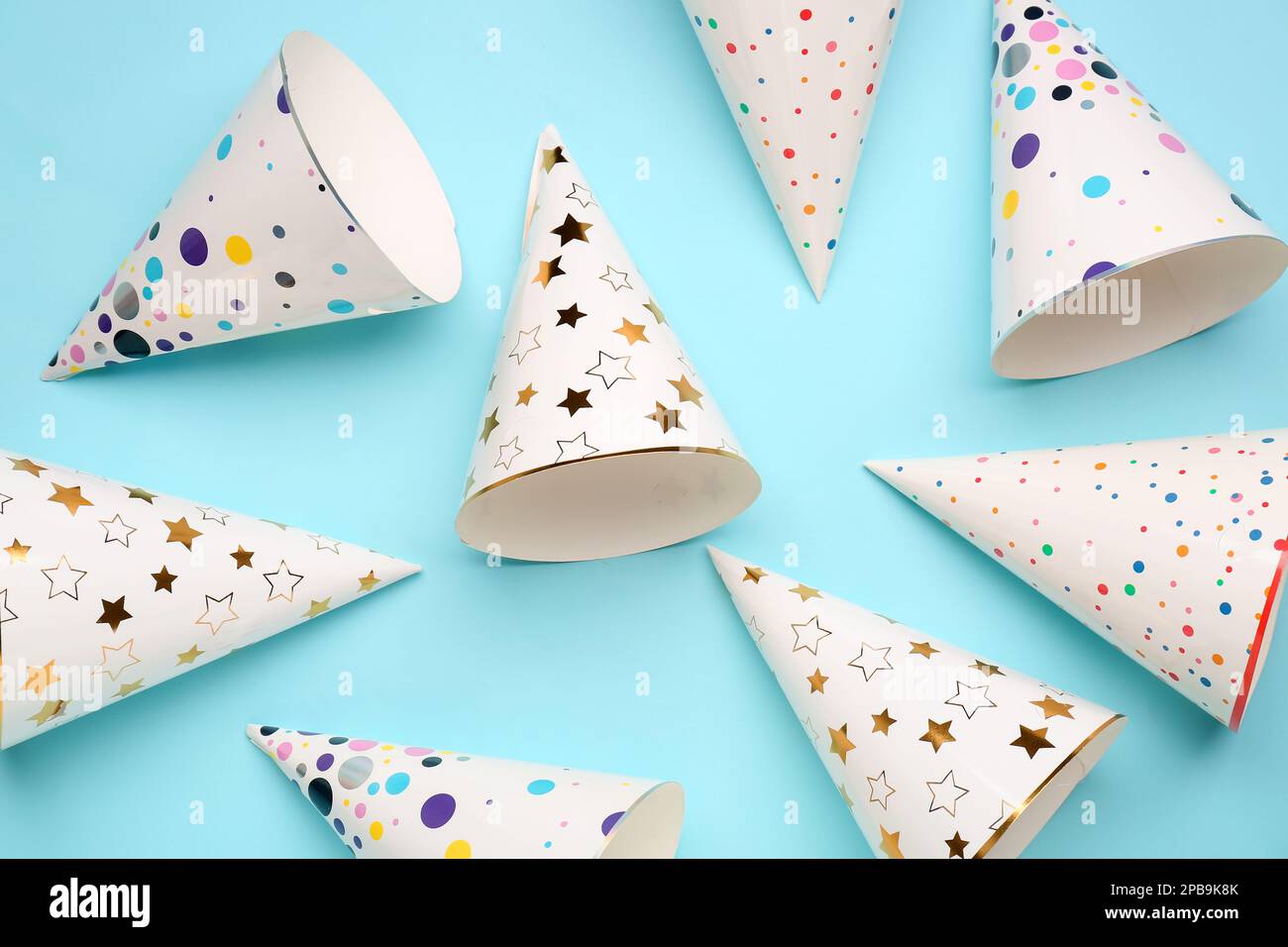 Set of different party hats on color background, closeup Stock Photo ...