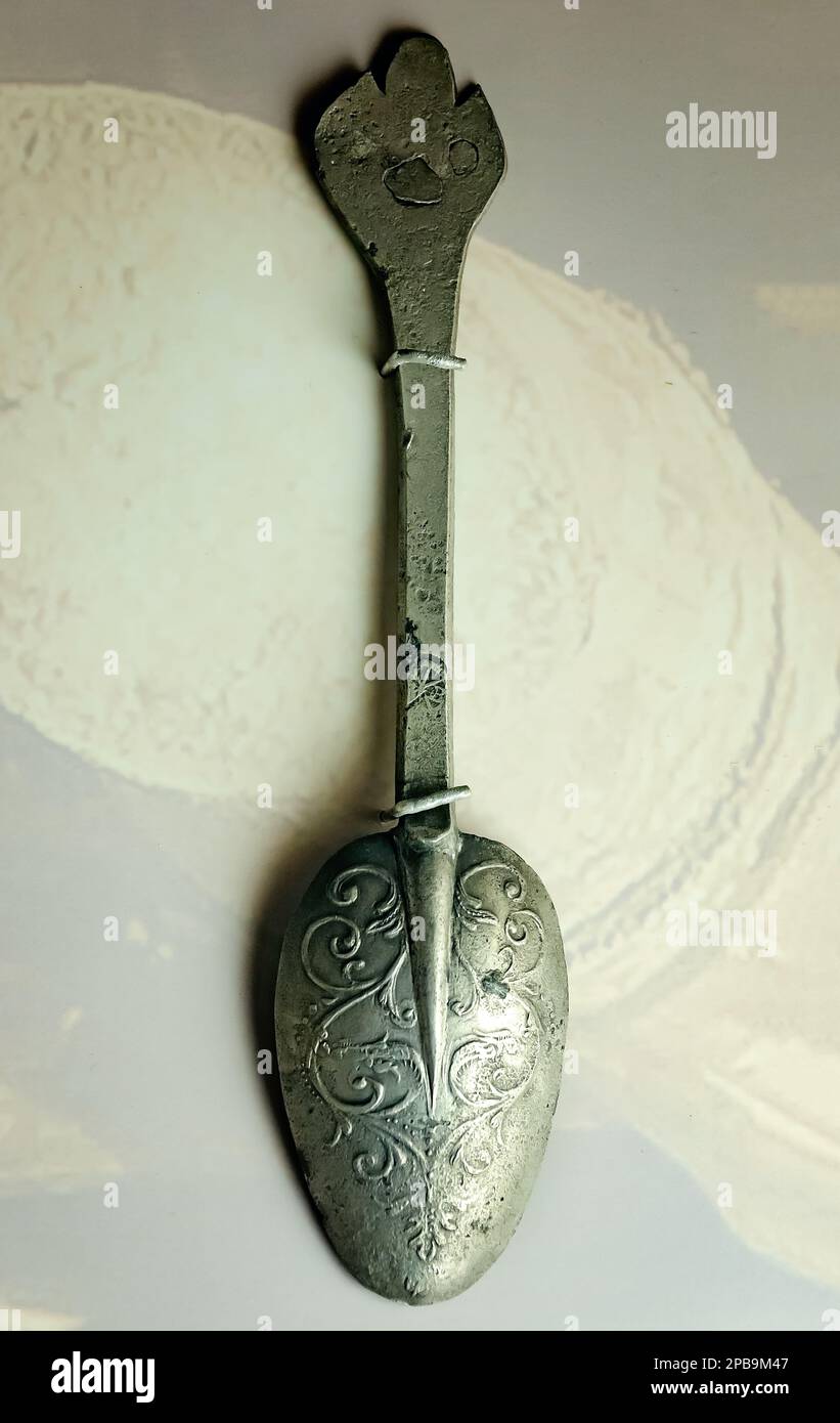 A decorative pewter spoon from the slave ship Henrietta Marie circa ...