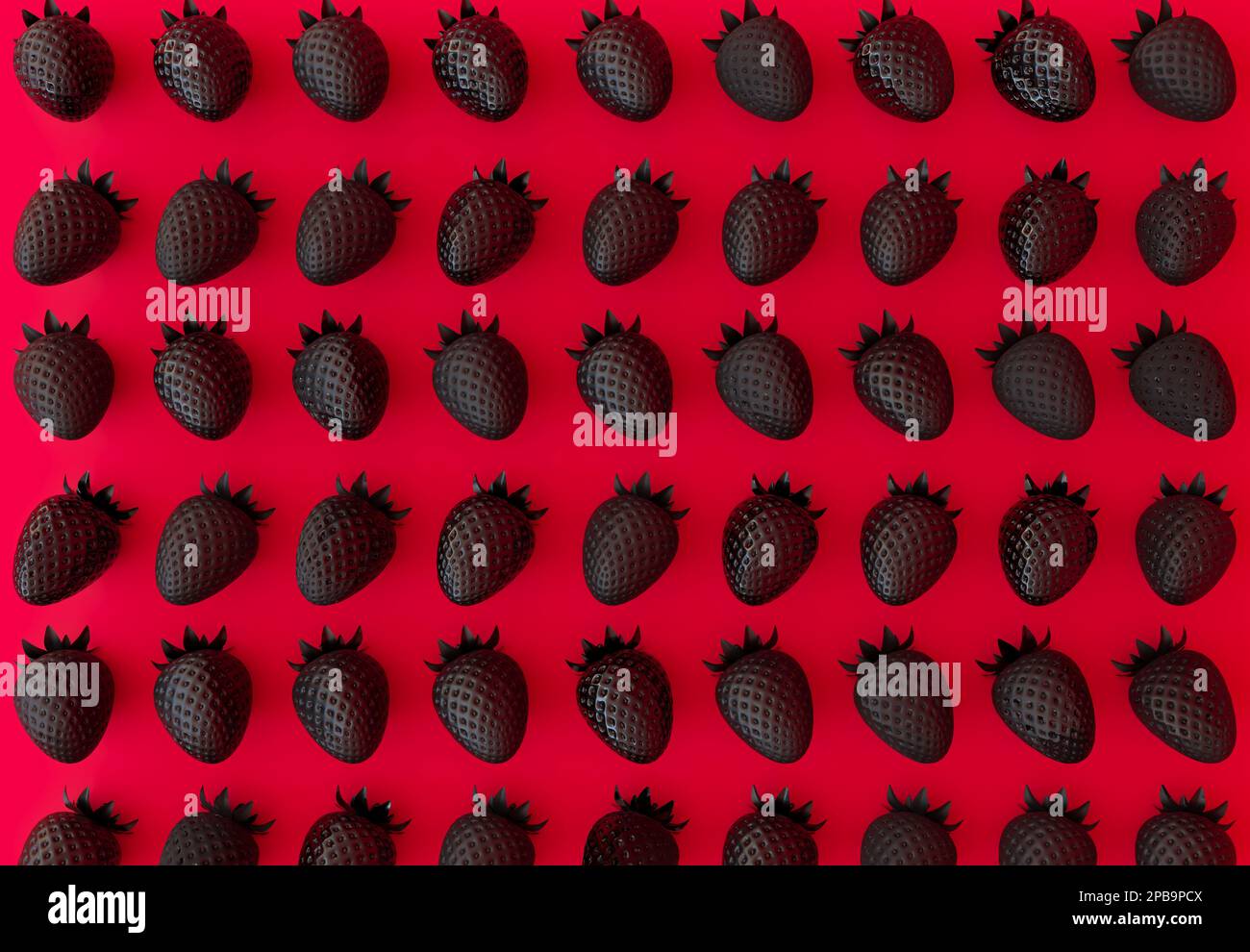 Black strawberries on red background. 3D Render illustration. Minimal ...