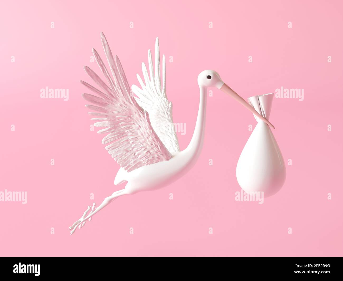 Stork carrying a baby isolated on a pink background. Silhouette stork ...