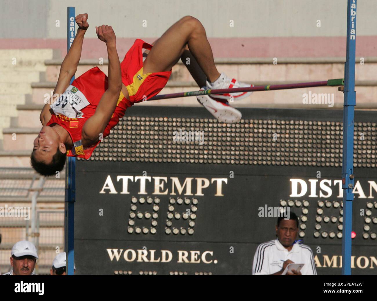 Chinese athlete Kuansong Zhao takes part in the high jumping ...