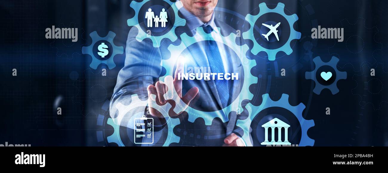 Technology icons and INSURTECH inscription, web technology concept 2023 ...