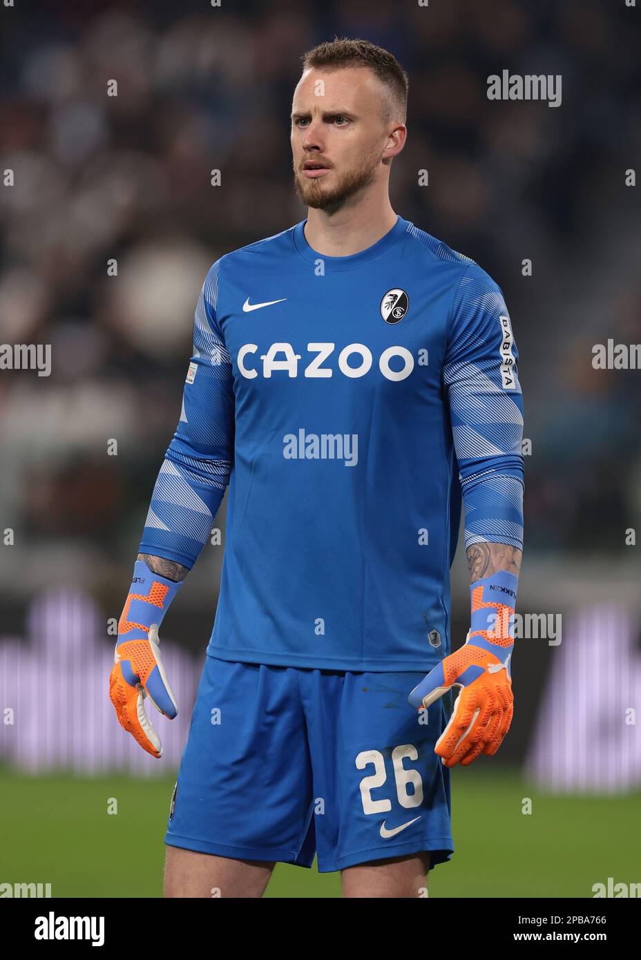 Turin, Italy, 9th March 2023. Mark Flekken of SC Freiburg looks on ...