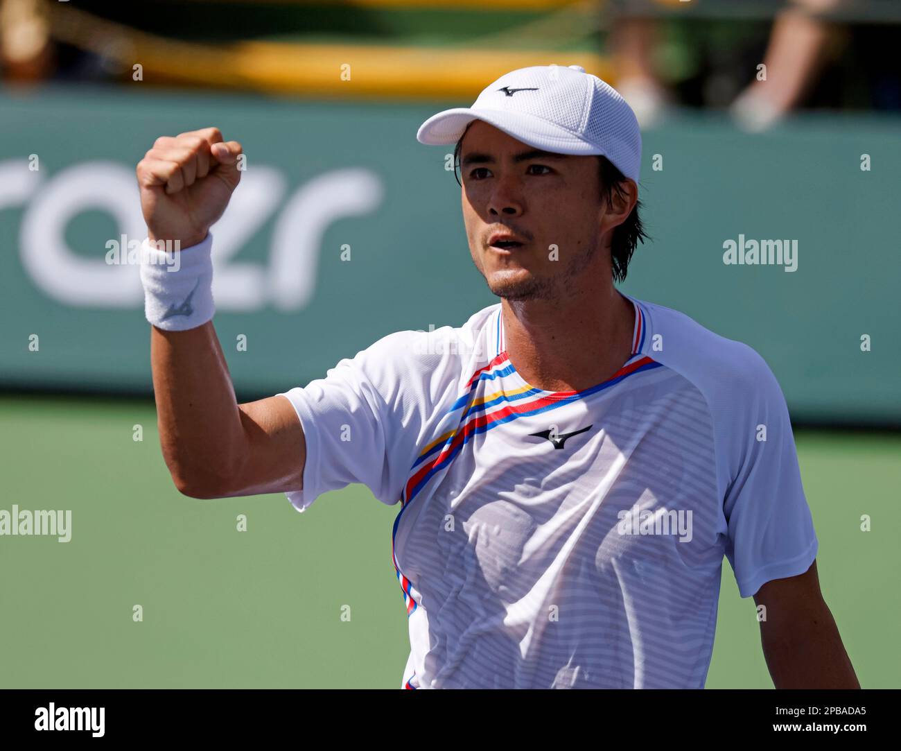 March 12, 2023 Taro Daniel of Japan reacts to winning a point against ...
