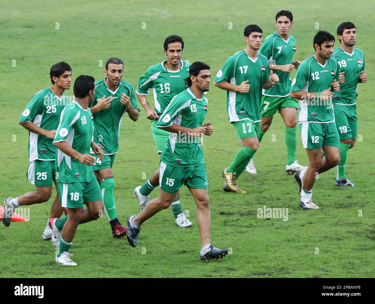 Iraqi soccer players take part in a training session at Army Stadium in ...