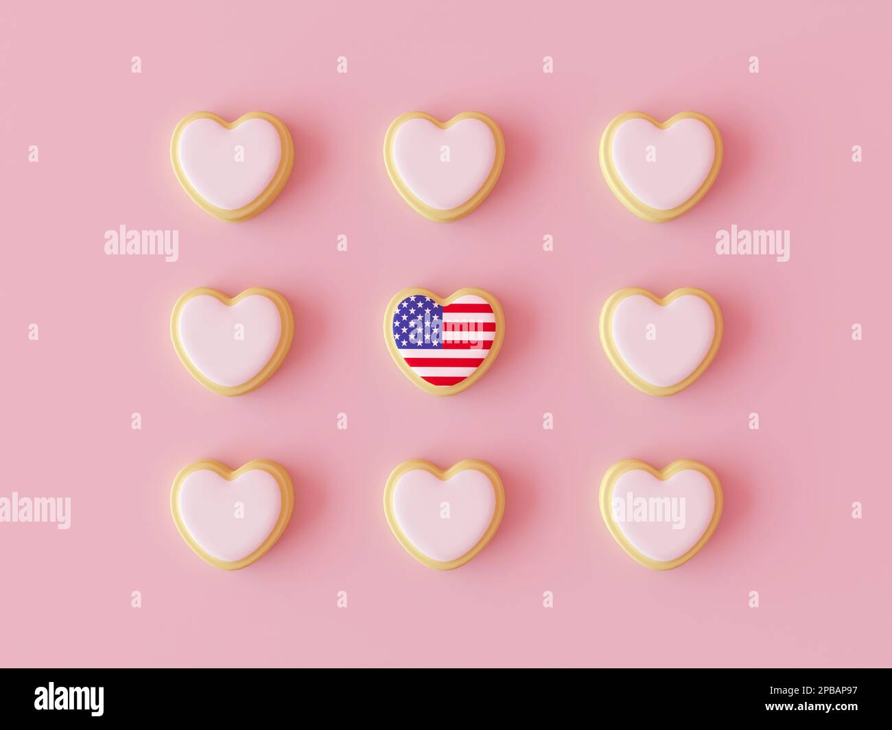 Cookie heart American flag on pink background pattern. Top view, I love ...