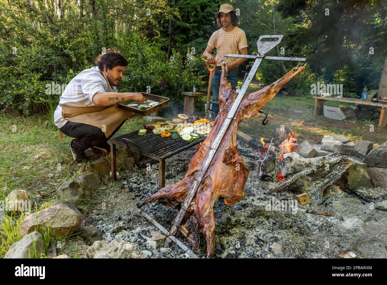 Roasting lamb and vegetables, Patagonia House, Coyhaique, Patagonia ...