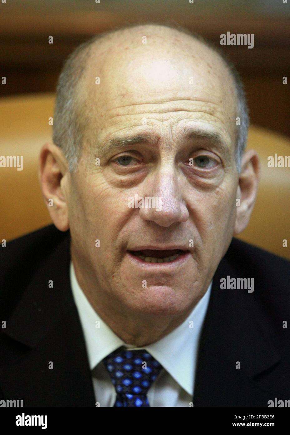Israeli Prime Minister Ehud Olmert speaks during the weekly cabinet ...