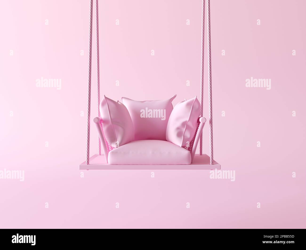Interior luxury swing chair. Pink rope swing with pillows in monochrome ...