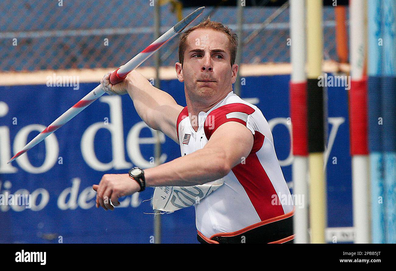 US' Justin St. Clair competes in the javelin throw in San Salvador ...