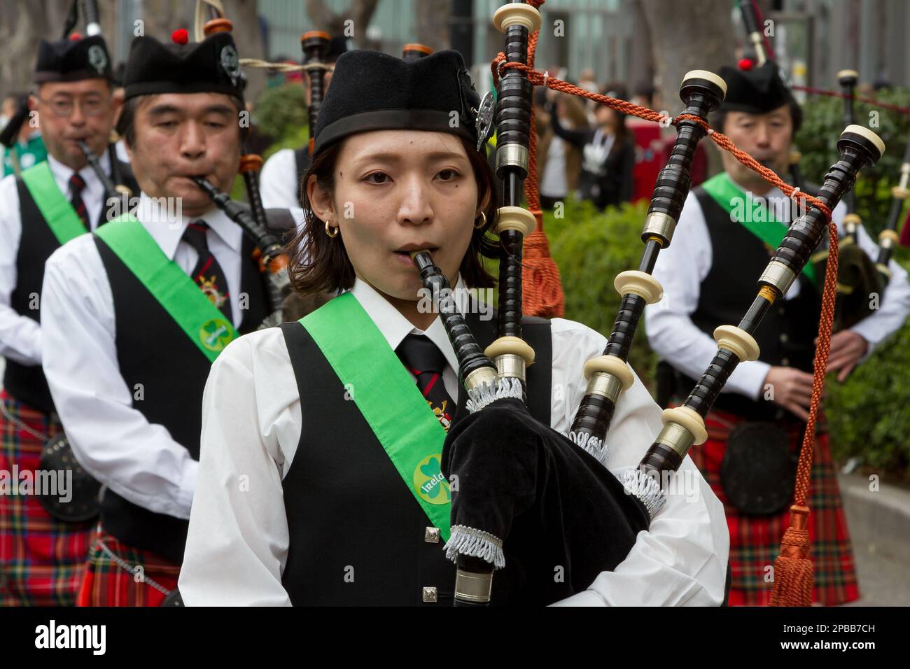 Tokyo, Japan. 12th Mar, 2023. Japanese participants playing bagpipes take part in the 28th Saint ...