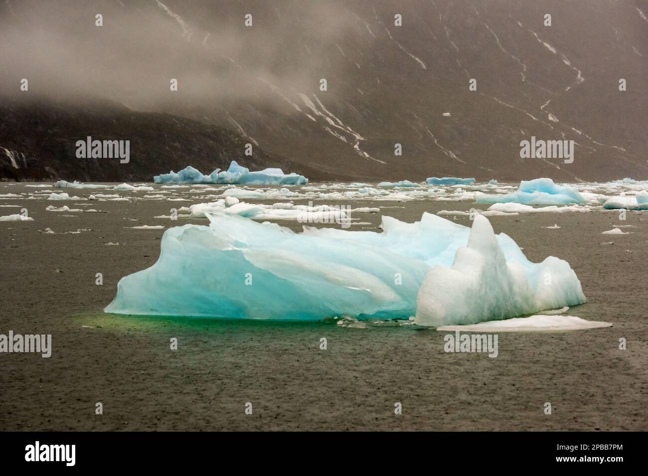 Ice floes and waterfalls in the rain near Glacier Jorge Montt ...