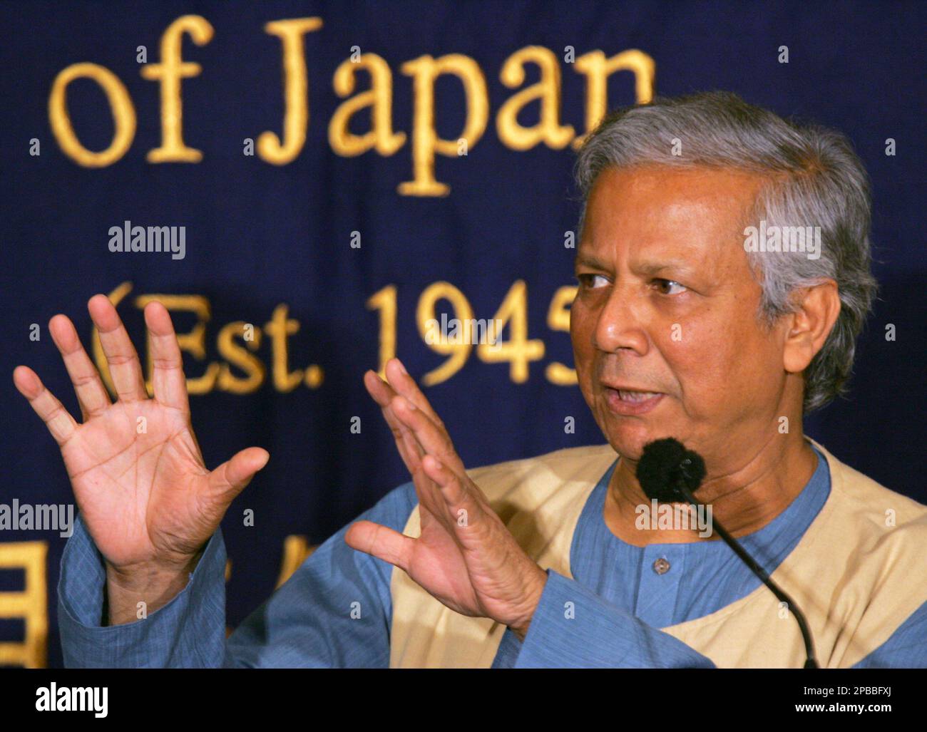 Nobel Peace Prize laureate Muhammad Yunus speaks before reporters in ...