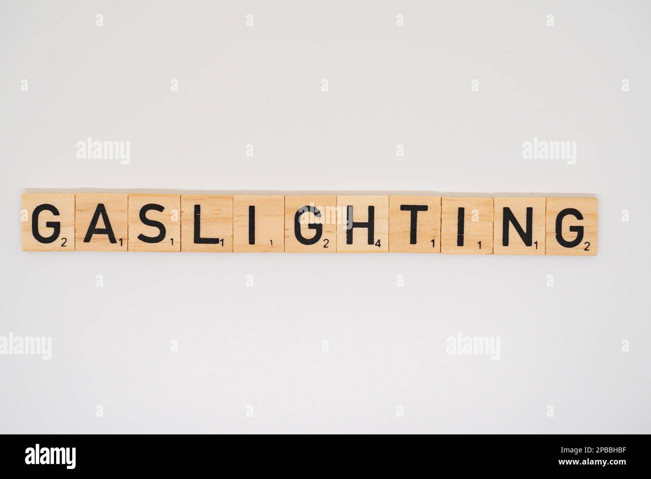 Wooden title spelling the word gaslighting isolated on a white ...