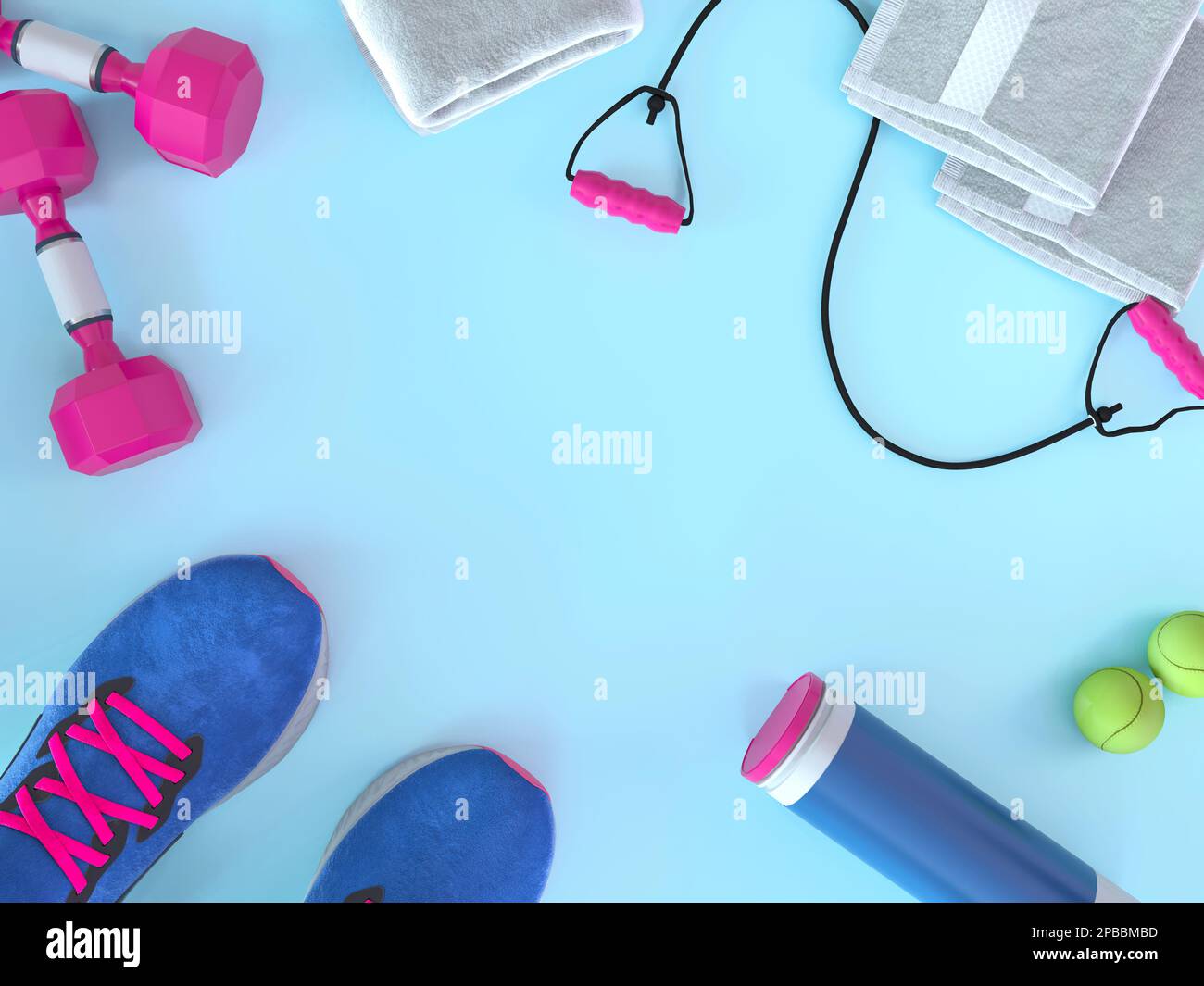 Fitness equipment top view. Sneakers, dumbbells, expander, tennis balls ...